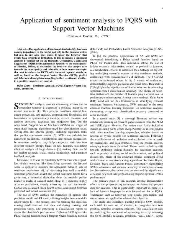 (PDF) Application of sentiment analysis to PQRS with Support Vector Machines