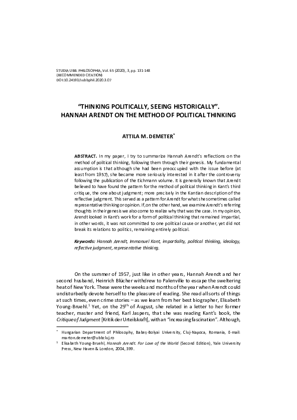 (PDF) "Thinking Politically, Seeing Historically". Hannah Arendt on the method of political thinking