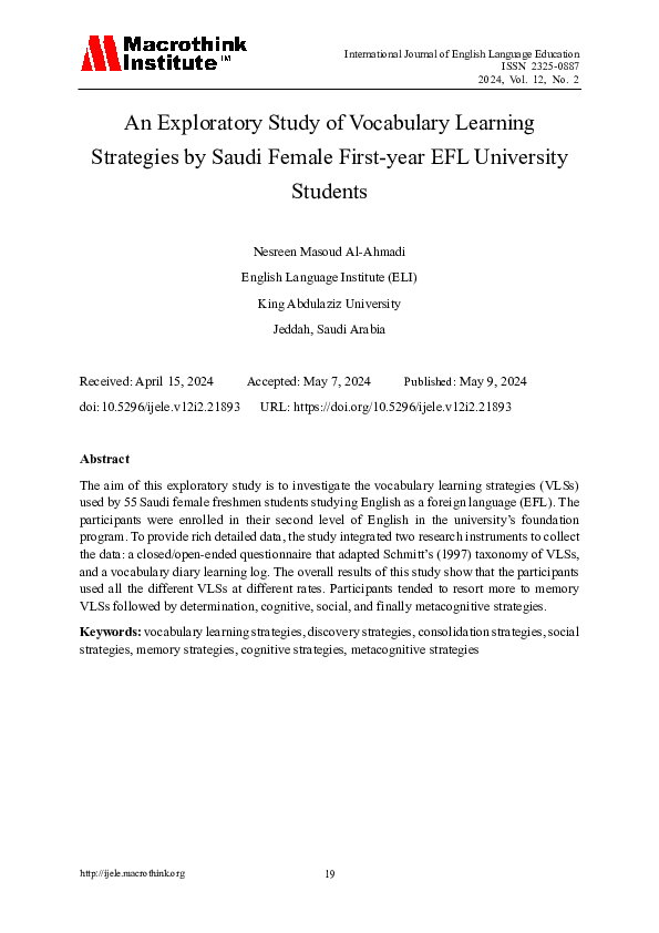 (PDF) An Exploratory Study of Vocabulary Learning Strategies by Saudi Female First-year EFL ...