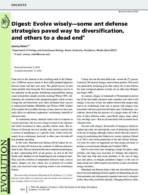 (PDF) Digest: Evolve wisely-some ant defense strategies paved way to diversification, and others ...