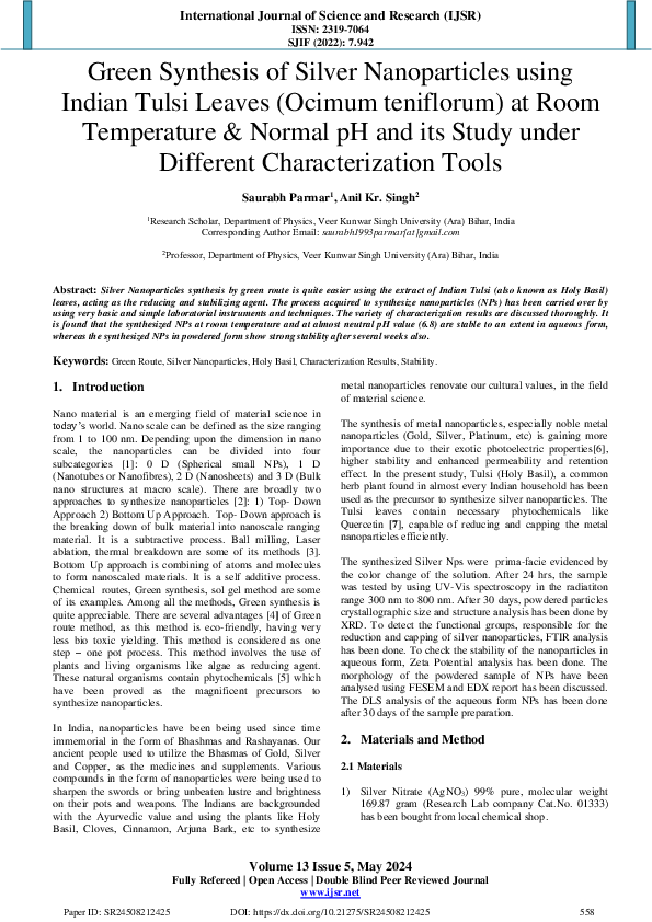 (PDF) Green Synthesis of Silver Nanoparticles using Indian Tulsi Leaves (Ocimum teniflorum) at ...