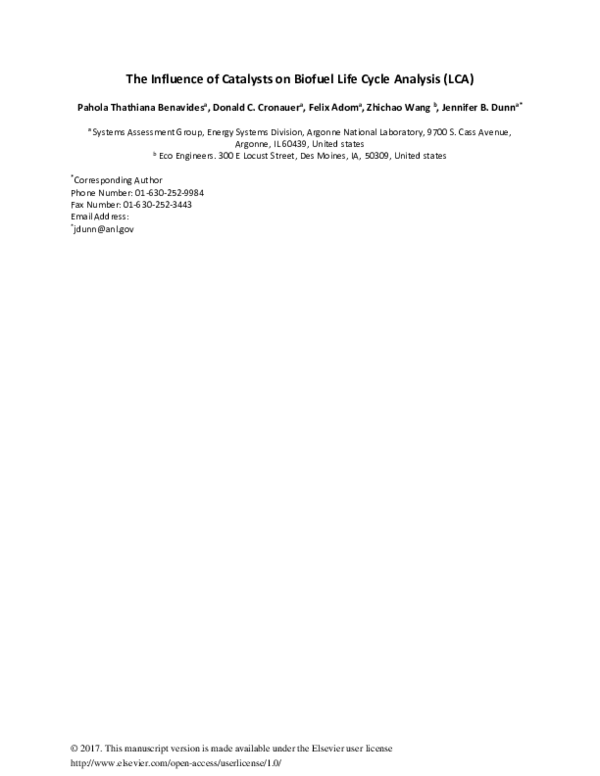 (PDF) The influence of catalysts on biofuel life cycle analysis (LCA)