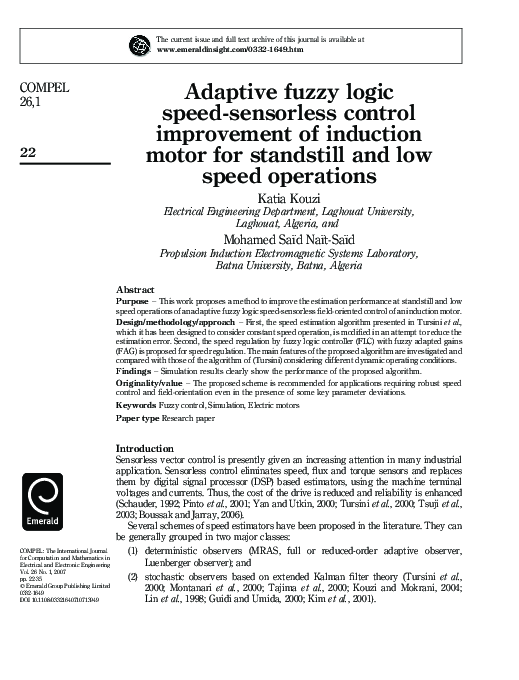 (PDF) Adaptive fuzzy logic speed‐sensorless control improvement of ...