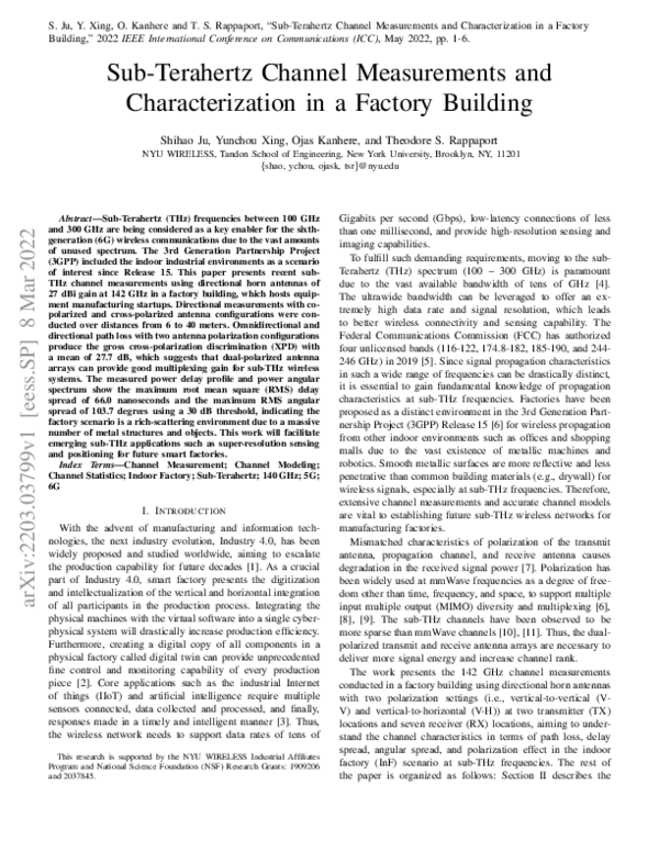 (PDF) Sub-Terahertz Channel Measurements and Characterization in a Factory Building