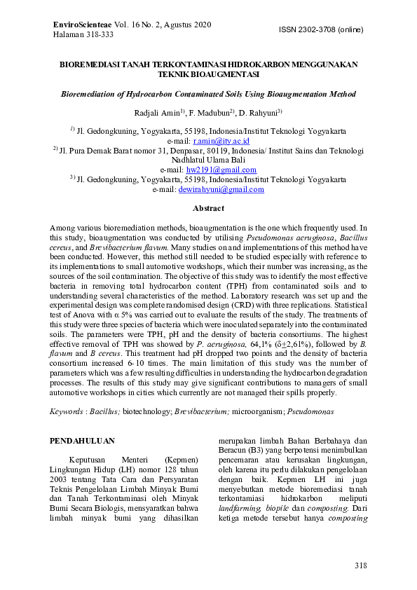(PDF) Bioremediasi Tanah Terkontaminasi Hidrokarbon Menggunakan Teknik ...