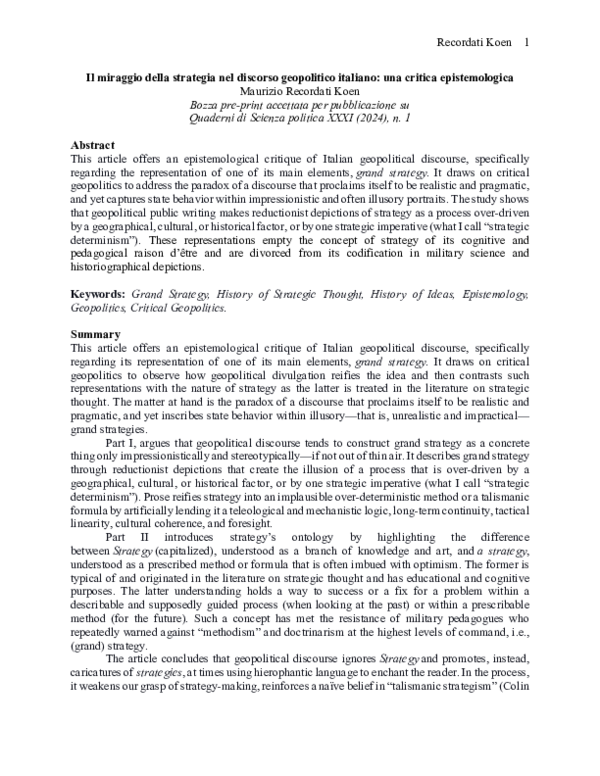 (PDF) The mirage of strategy in the Italian geopolitical discourse: An ...