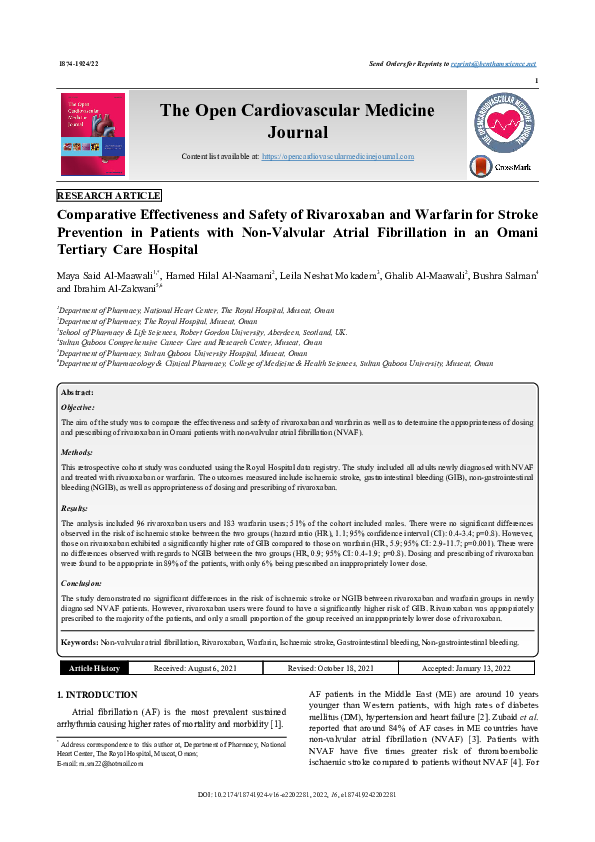 (PDF) Comparative Effectiveness and Safety of Rivaroxaban and Warfarin ...