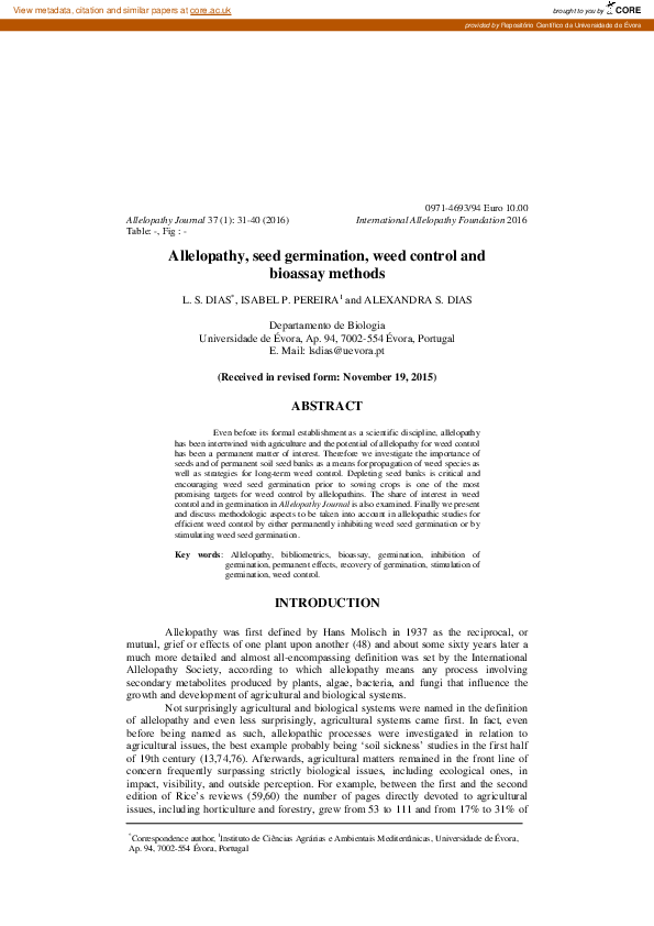 (PDF) Allelopathy, seed germination, weed control and bioassay methods