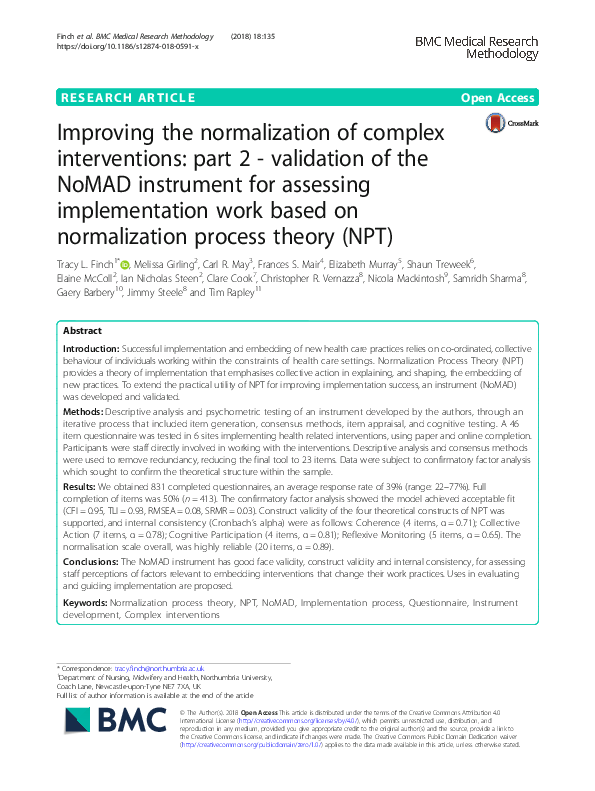 (PDF) Improving the normalization of complex interventions: part 2 - validation of the NoMAD ...