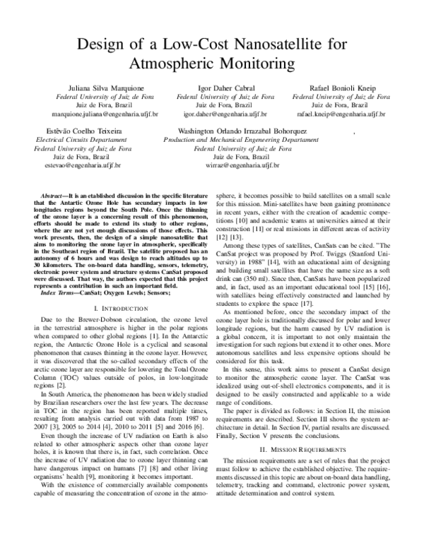 (PDF) Design of a Low-Cost Nanosatellite for Atmospheric Monitoring