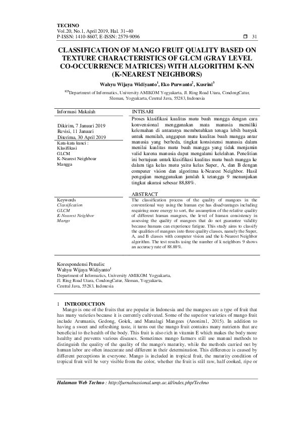 (PDF) Classification of Mango Fruit Quality Based on Texture Characteristics of GLCM (Gray Level ...