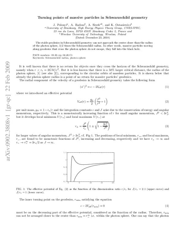 (PDF) Turning points of massive particles in Schwarzschild geometry | Janos Polonyi - Academia.edu