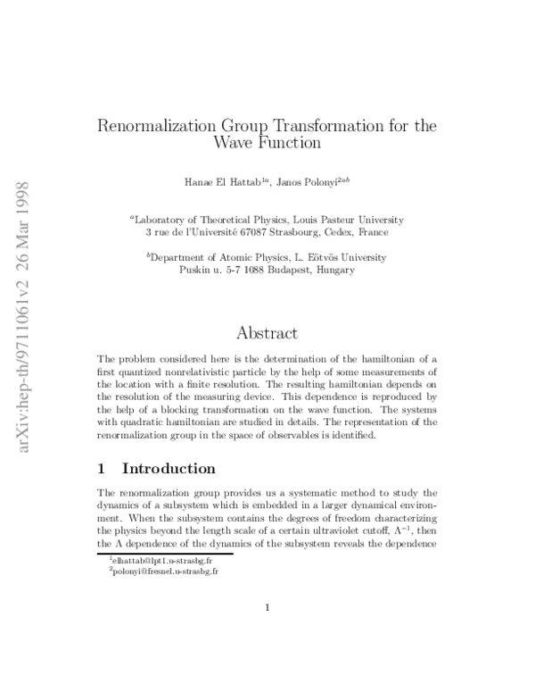 (PDF) Renormalization Group Transformation for the Wave Function