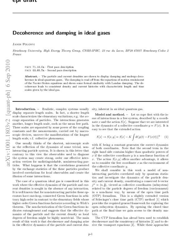 (PDF) Decoherence and damping in ideal gases