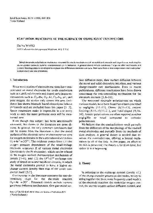 (PDF) Electrode reactions at the surface of oxide ionic conductors