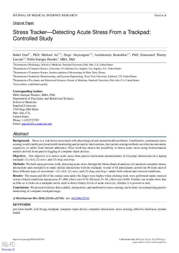 (PDF) Stress Tracker—Detecting Acute Stress From a Trackpad: Controlled ...