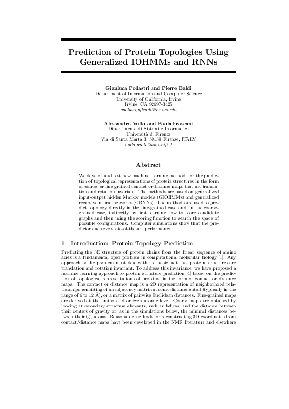 (PDF) Prediction of Protein Topologies Using Generalized IOHMMs and RNNs