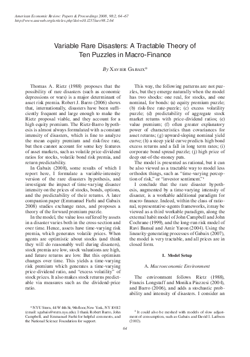 (PDF) Variable Rare Disasters: A Tractable Theory of Ten Puzzles in ...