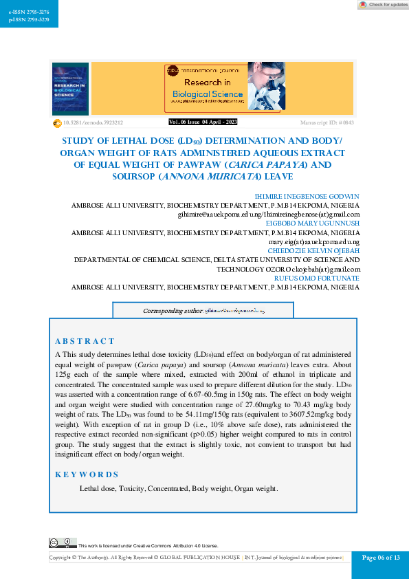 (PDF) STUDY OF LETHAL DOSE (LD 50 ) DETERMINATION AND BODY/ ORGAN ...