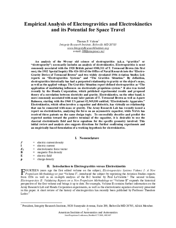 (PDF) Progress in Electrogravitics and Electrokinetics for Aviation and ...
