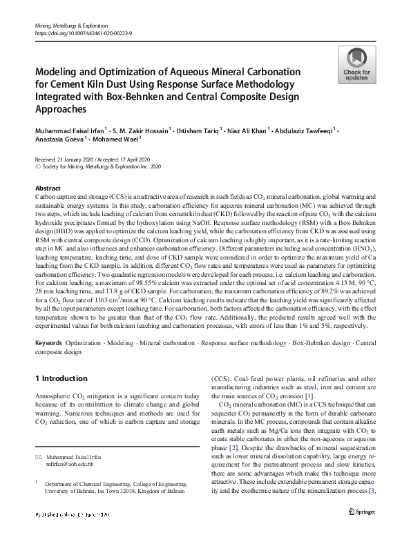 (PDF) Modeling and Optimization of Aqueous Mineral Carbonation for Cement Kiln Dust Using ...