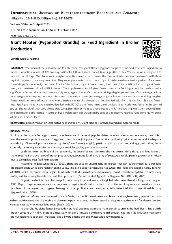 (PDF) Giant Floater (Pyganodon Grandis) as Feed Ingredient in Broiler ...