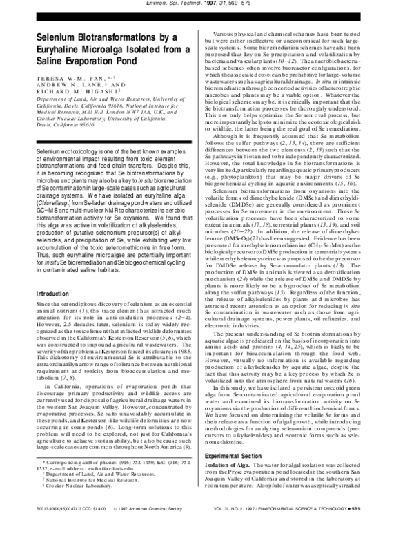 (PDF) Selenium Biotransformations by a Euryhaline Microalga Isolated ...