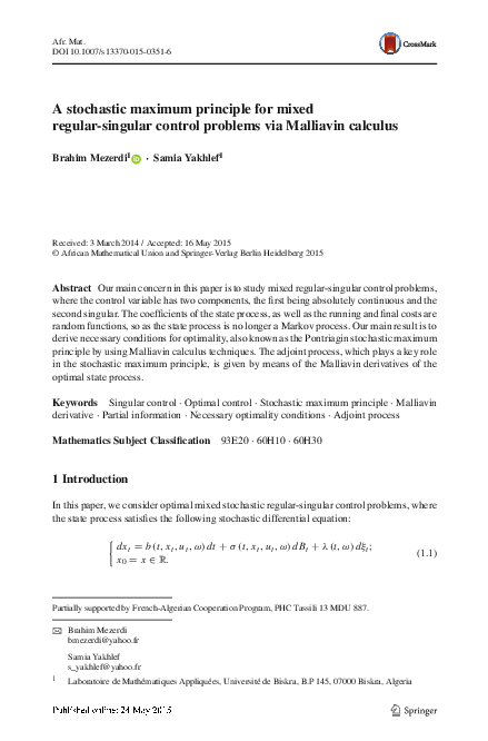(PDF) A stochastic maximum principle for mixed regular-singular control problems via Malliavin ...