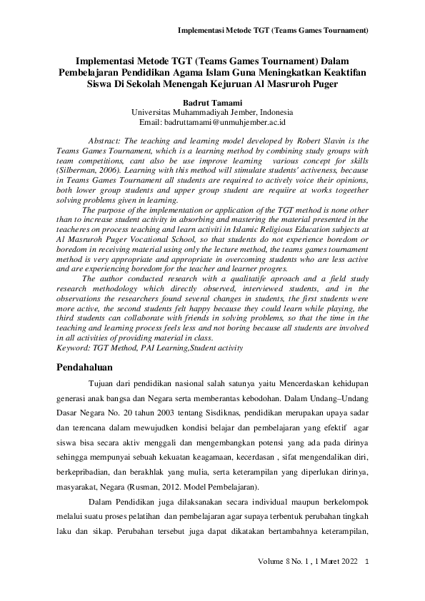 (PDF) Implementasi Metode TGT (Teams Games Tournament) Dalam Pembelajaran Pendidikan Agama Islam ...