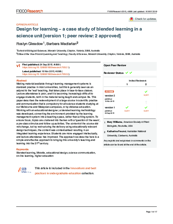 (PDF) Design for learning – a case study of blended learning in a science unit | Barbara ...