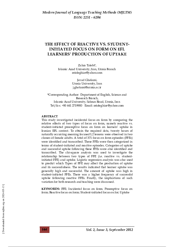 (PDF) THE EFFECT OF REACTIVE VS. STUDENT INITIATED FOCUS ON FORM ON EFL ...