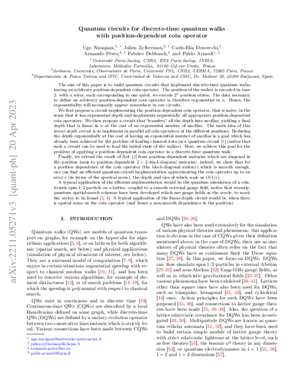 (PDF) Quantum circuits for discrete-time quantum walks with position-dependent coin operator
