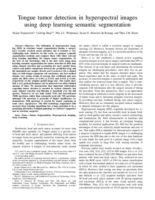 Pdf Tongue Tumor Detection In Hyperspectral Images Using Deep Learning Semantic Segmentation