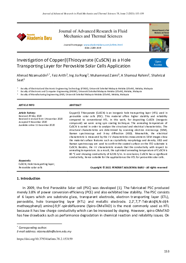 (PDF) Investigation of Copper(I)Thiocyanate (CuSCN) as a Hole ...
