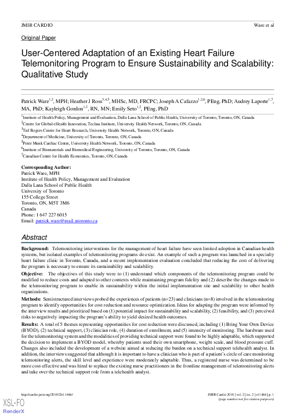 (PDF) User-Centered Adaptation of an Existing Heart Failure Telemonitoring Program to Ensure ...