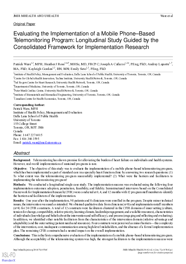(PDF) Evaluating the Implementation of a Mobile Phone-Based Telemonitoring Program: Longitudinal ...