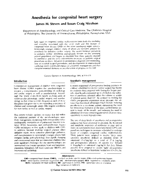 (PDF) Anesthesia for Congenital Heart Surgery