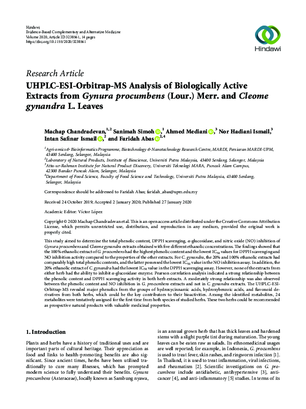 (PDF) UHPLC-ESI-Orbitrap-MS Analysis of Biologically Active Extracts from Gynura procumbens ...