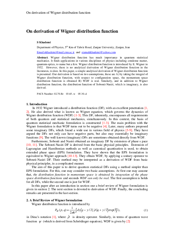 (PDF) On derivation of Wigner distribution function