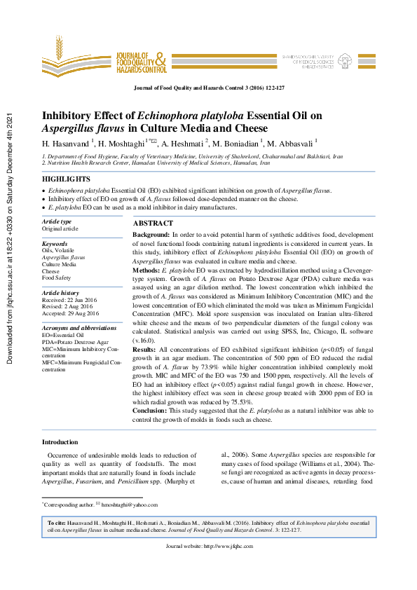 (PDF) Inhibitory Effect of Echinophora platyloba Essential Oil on ...