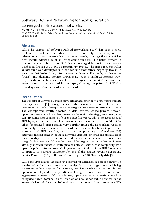 (PDF) Software Defined Networking for Next Generation Converged Metro-Access Networks