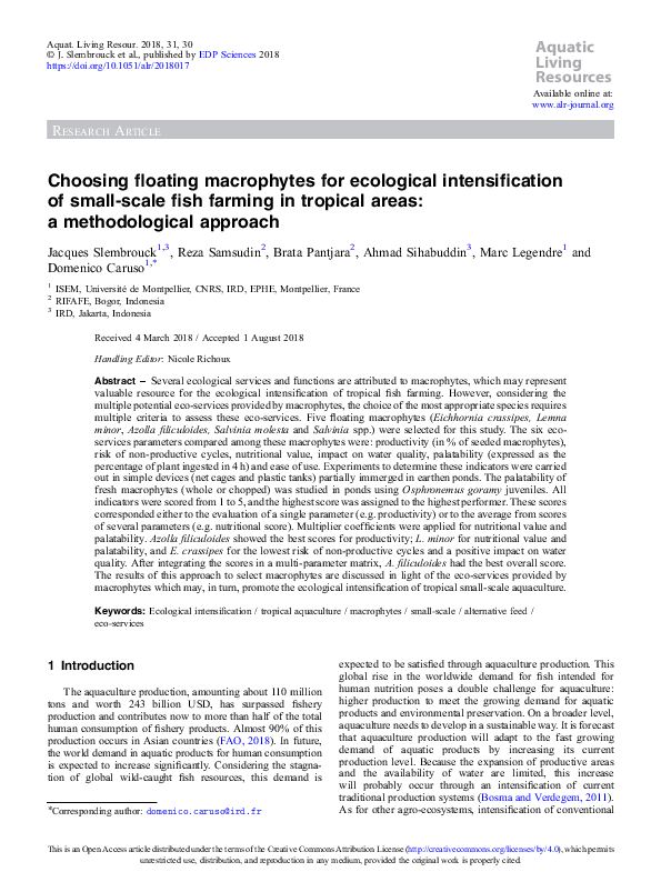 (PDF) Choosing floating macrophytes for ecological intensification of ...