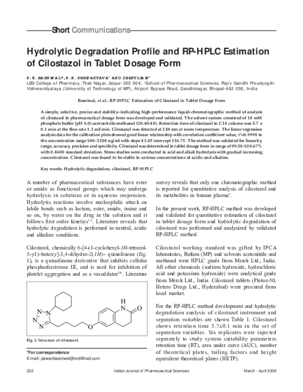 (PDF) Hydrolytic degradation profile and RP-HPLC estimation of cilostazol in tablet dosage form