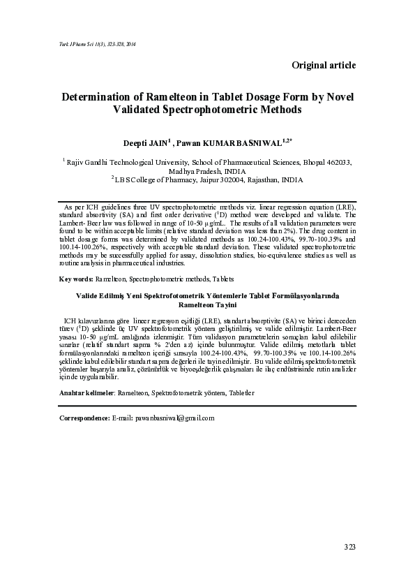 Pdf Determination Of Ramelteon In Tablet Dosage Form By Novel