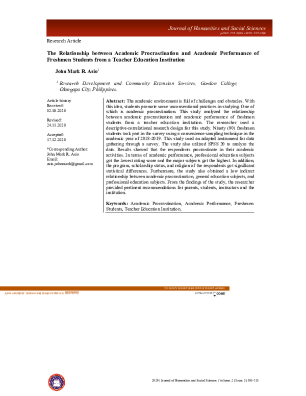 (PDF) The Relationship between Academic Procrastination and Academic Performance of Freshmen ...