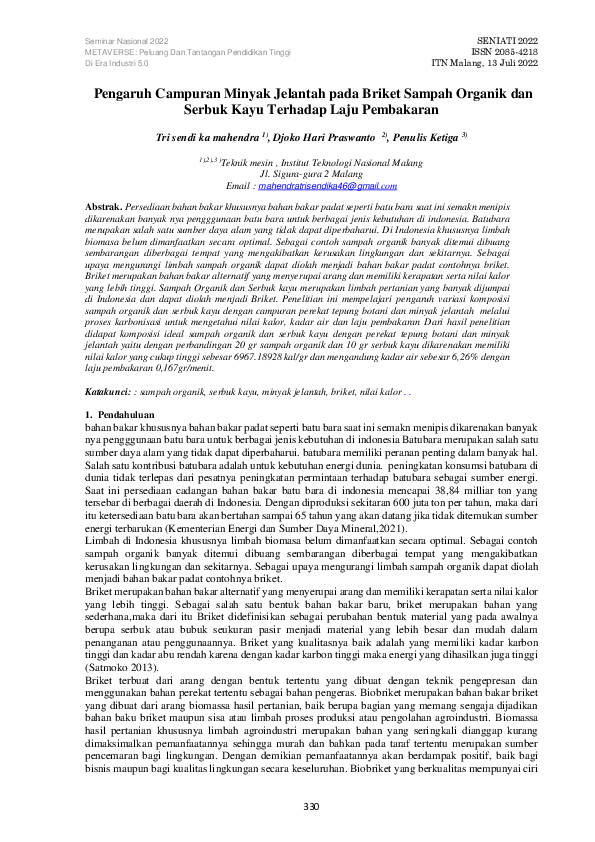 (PDF) Pengaruh Campuran Minyak Jelantah pada Briket Sampah Organik dan Serbuk Kayu terhadap Laju ...
