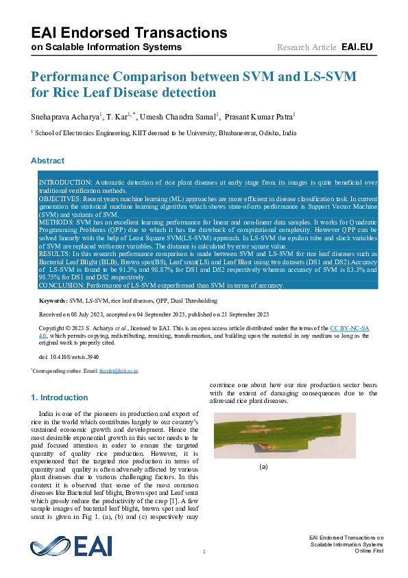 (PDF) Performance Comparison between SVM and LS-SVM for Rice Leaf Disease detection