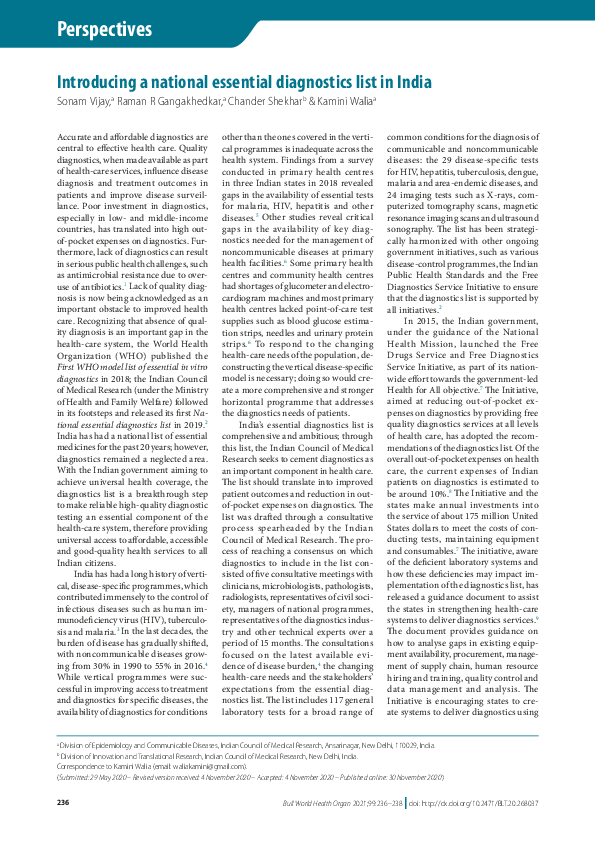 (PDF) Introducing a national essential diagnostics list in India