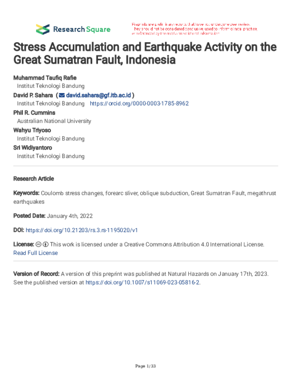 (PDF) Stress Accumulation and Earthquake Activity on the Great Sumatran ...
