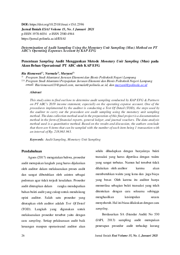(PDF) Penentuan Sampling Audit Menggunkan Metode Monetary Unit Sampling (MUS) pada Akun Beban ...